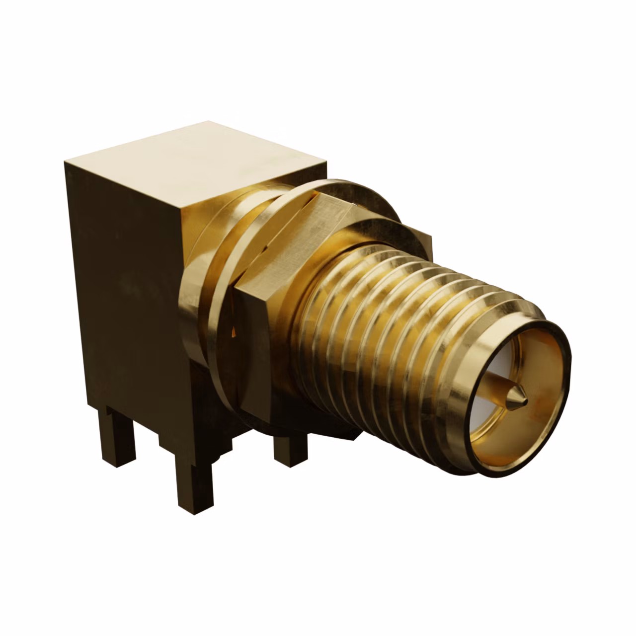 SMA Jack, Reverse Polarity, Right-Angle, Bulkhead Receptacle, PCB, Through Hole, Brass Body, Gold (Au) Plated Body, Jam Nut and Lockwasher, 2.79mm Leg Length, 50 Ohms for sale