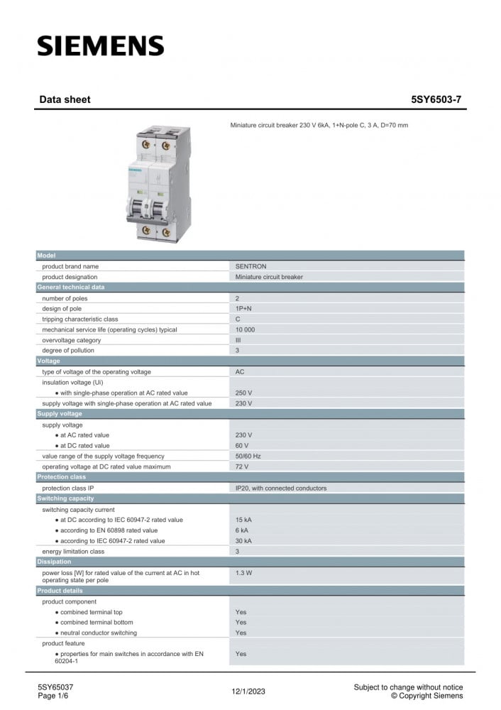 5SY6503-7CC technical document page 1