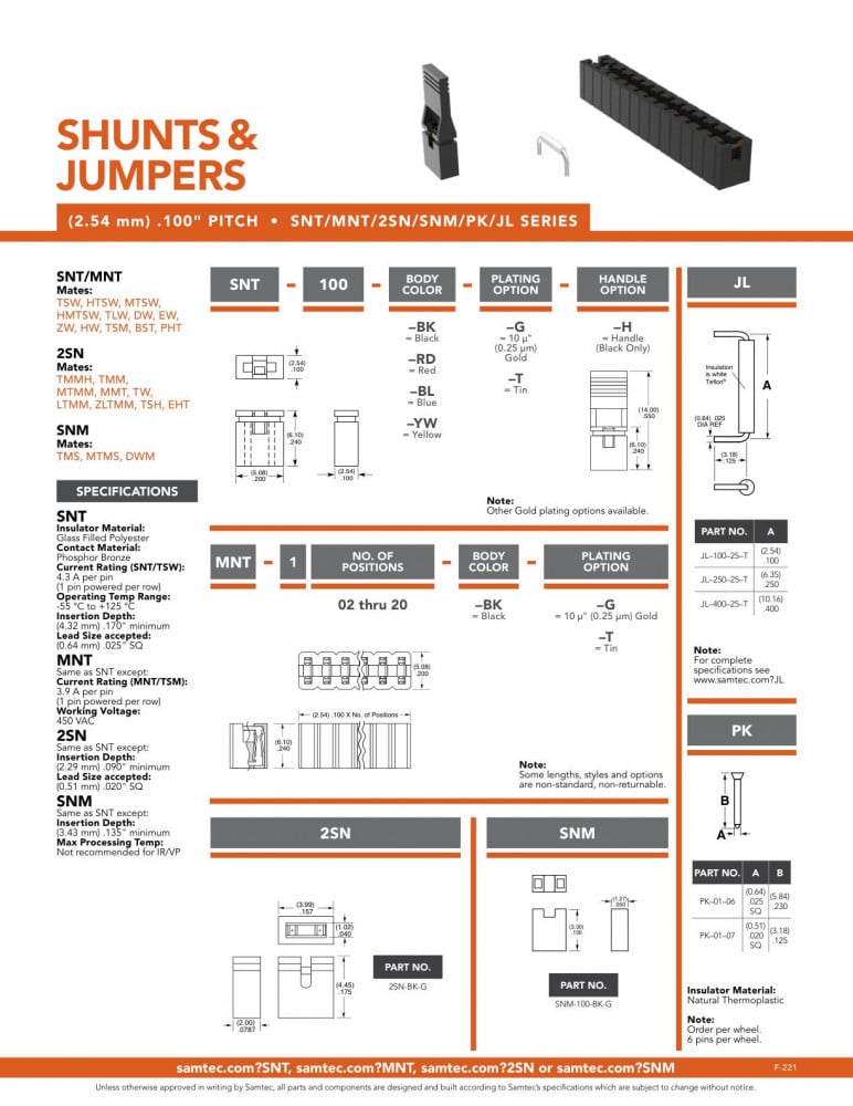 Samtec MNT series shunts and jumpers technical document page 1
