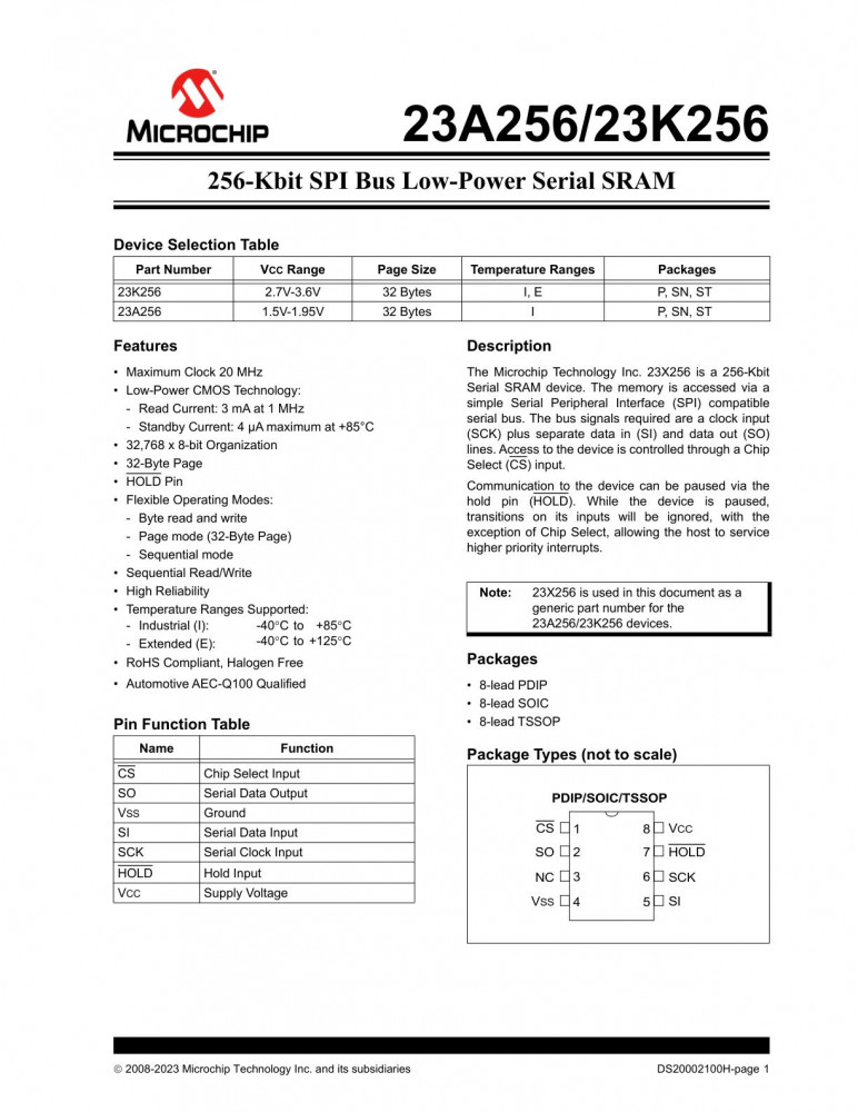 23K256 datasheet page 1