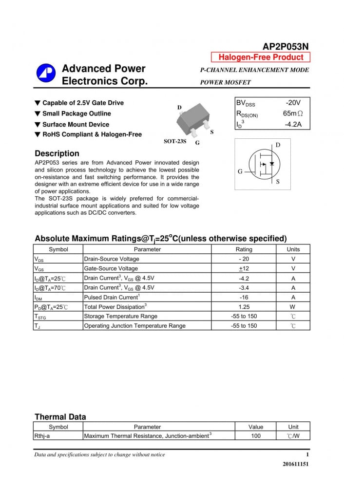 APEC AP2P053N datasheet page 1