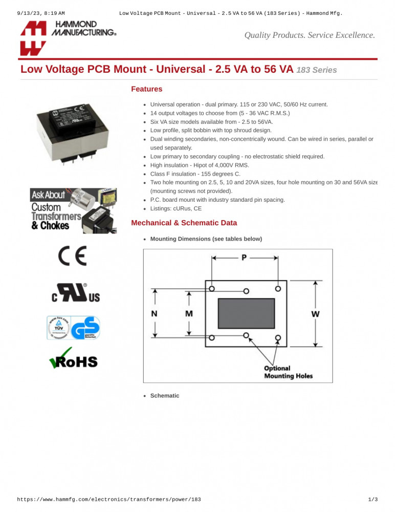 Hammond 183H12 technical document page 1