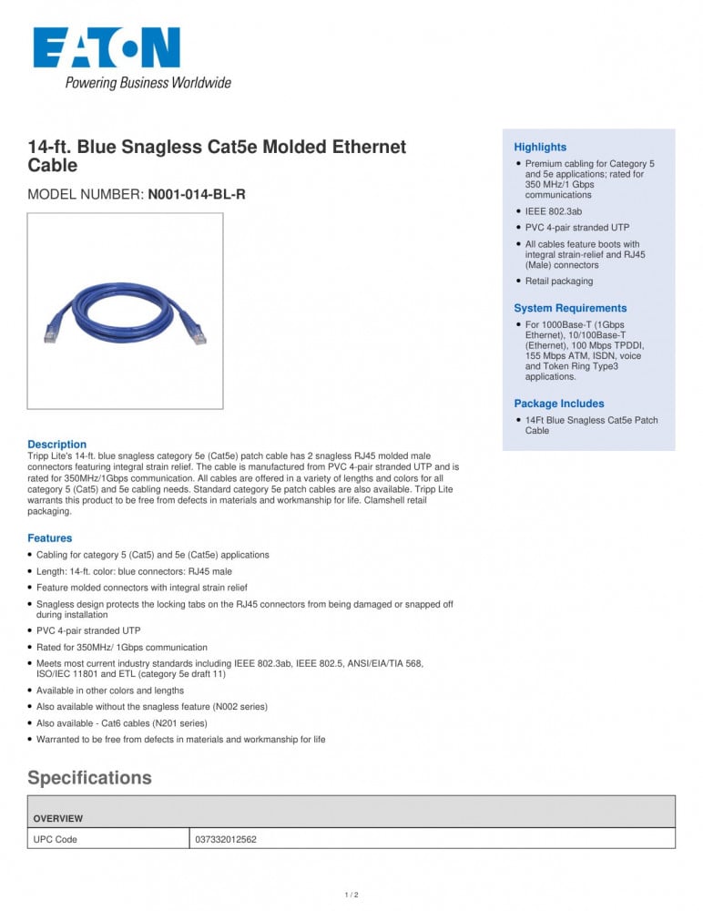 N001-014-BL-R technical document page 1