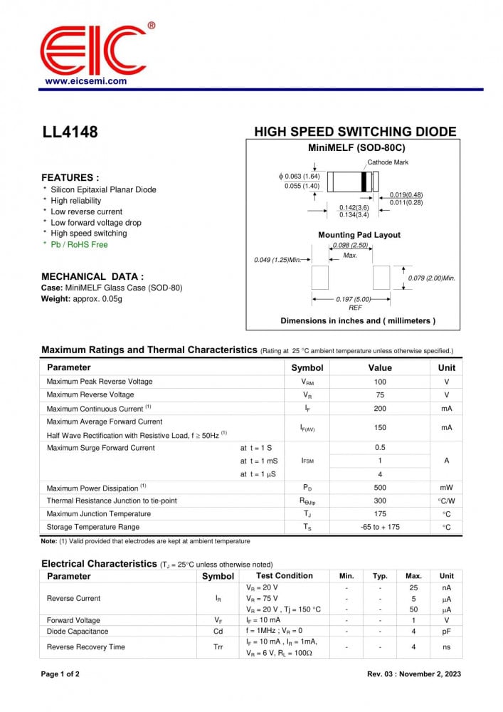 EIC LL4148PF datasheet page 1