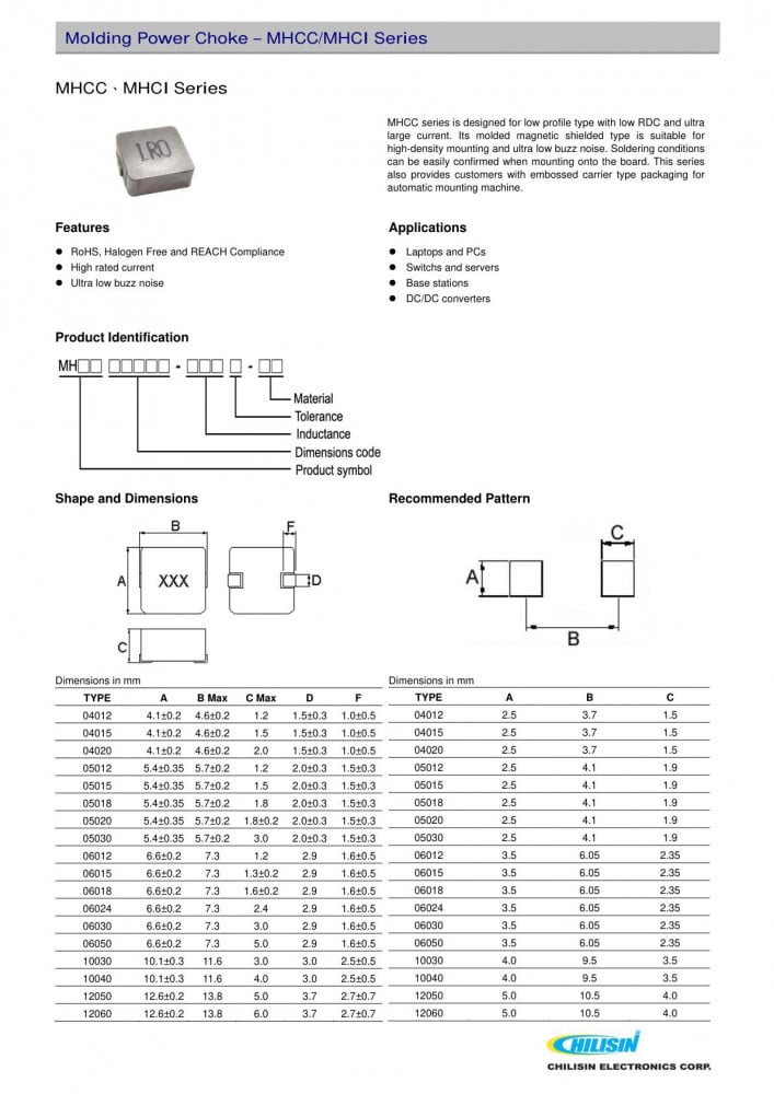 Chilisin MHCC and MHCI series datasheet page 1
