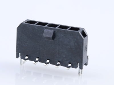 Micro-Fit 3.0 Vertical Header, 3.00mm Pitch, Single Row, 5 Circuits, with Solder Tab, 0.38µm Gold Plating, Glow-Wire Capable, Black, Tape and Reel