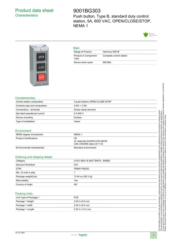 9001BG303 technical document page 1