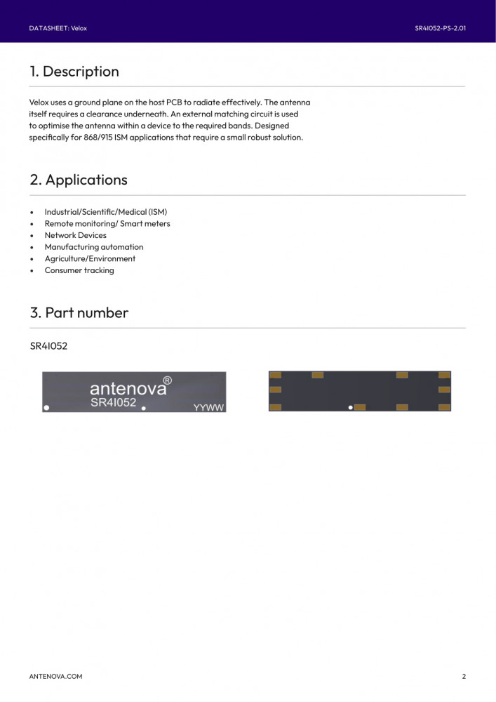 Antenova Velox SR4I052 datasheet page 2
