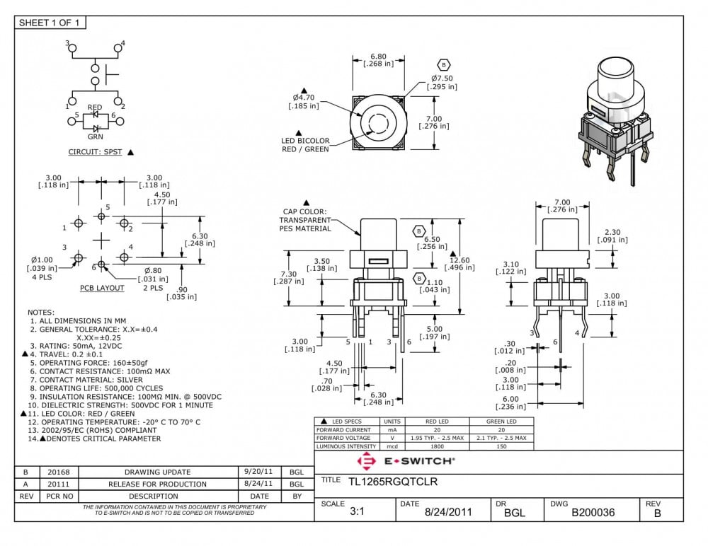 E-Switch TL1265RGQTCLR official drawing
