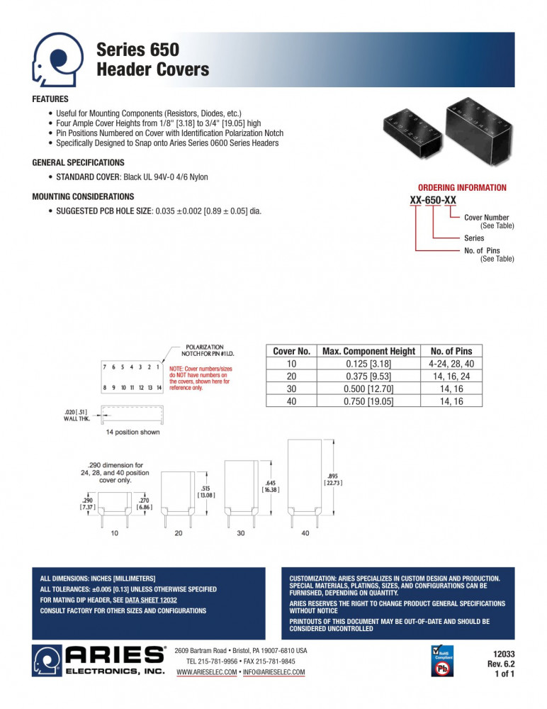 Aries 10-650-10 technical drawing and specification page