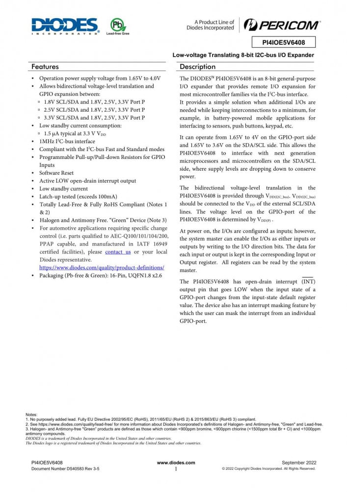 PI4IOE5V6408ZTAEX datasheet page 1