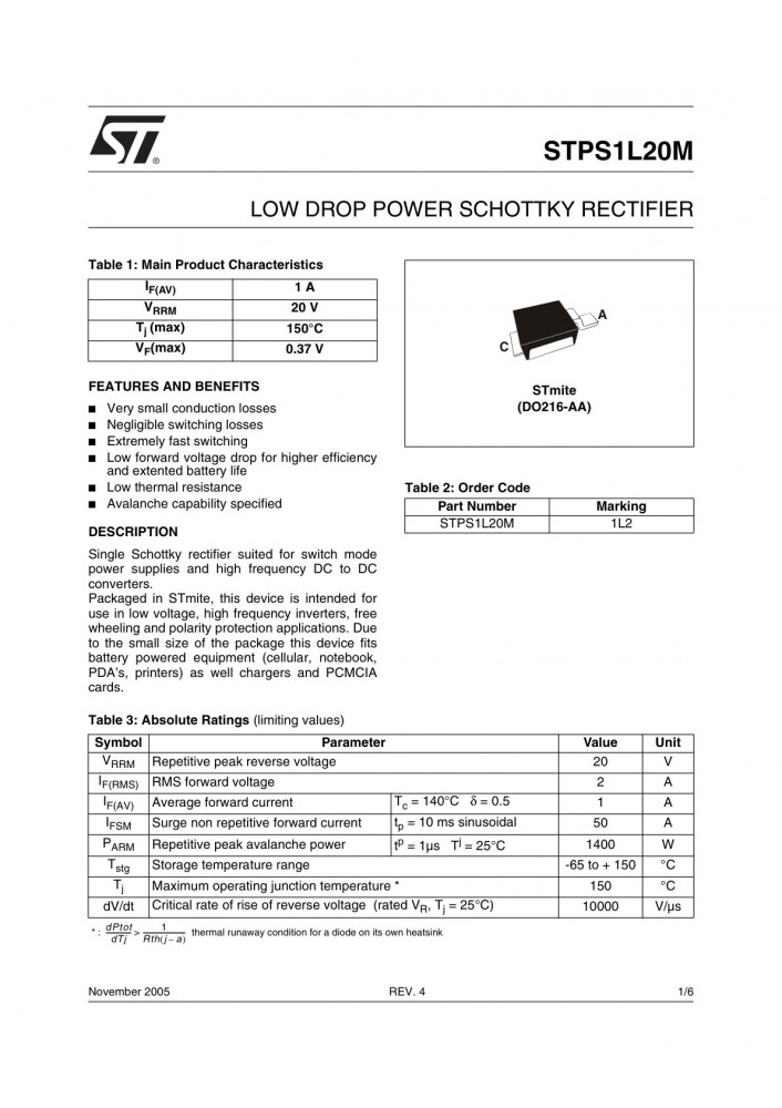 STPS1L20M technical document page 1