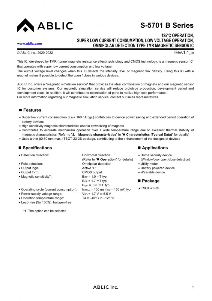 S-5701 B Series datasheet page 1