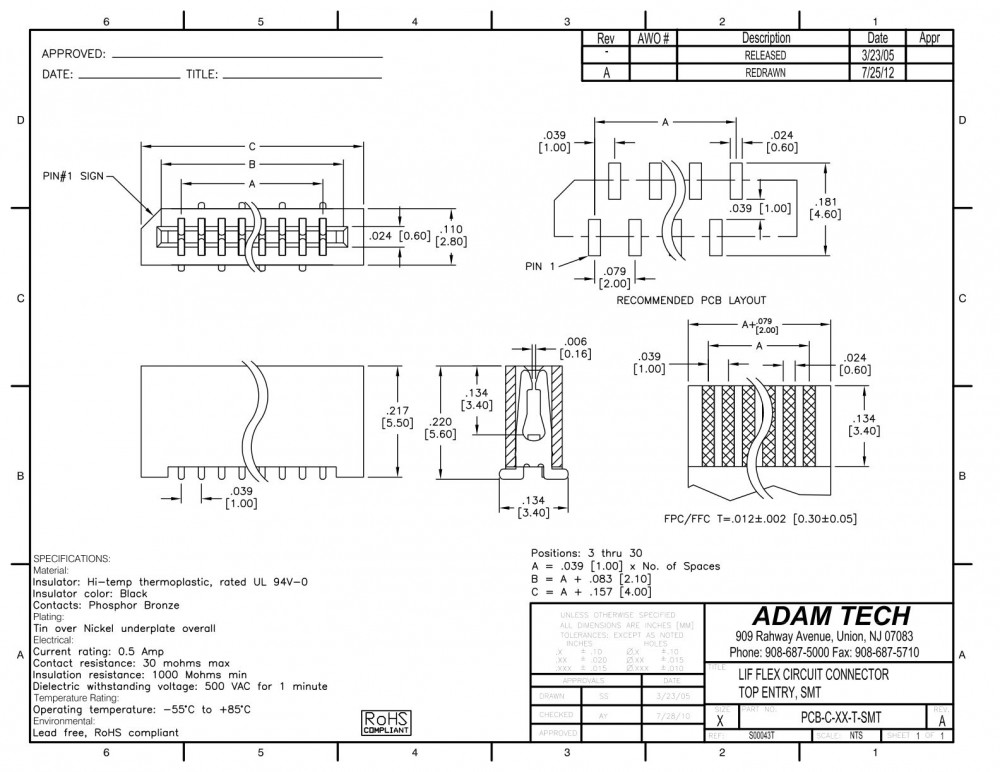 ADAM TECH PCB-C-06-T-SMT technical drawing