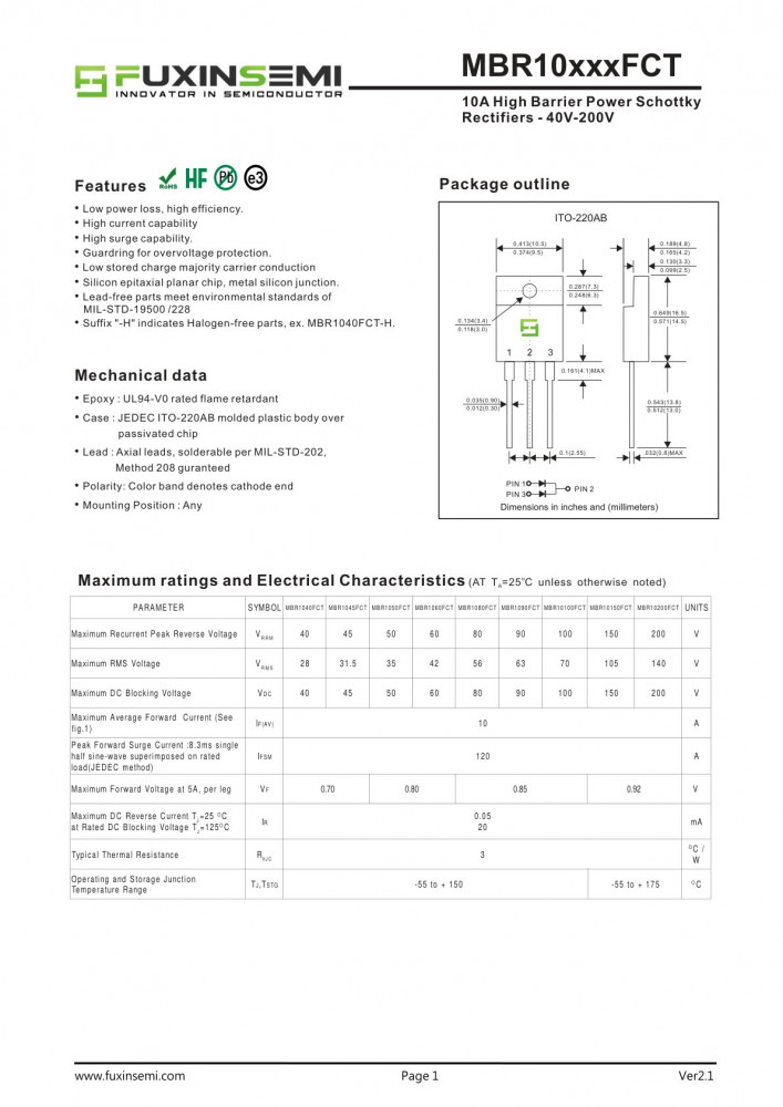 MBR10100FCT datasheet page 1