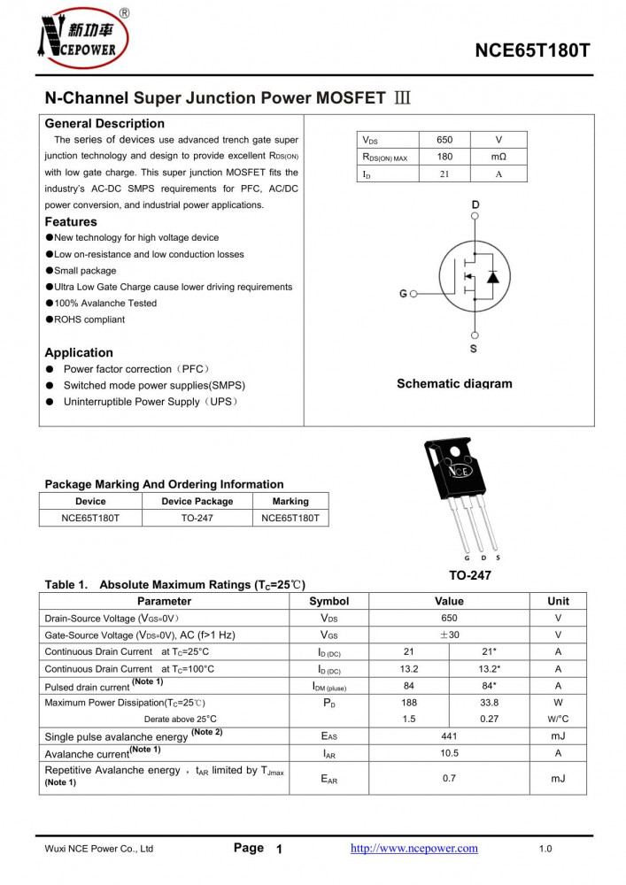 NCE65T180T datasheet page 1