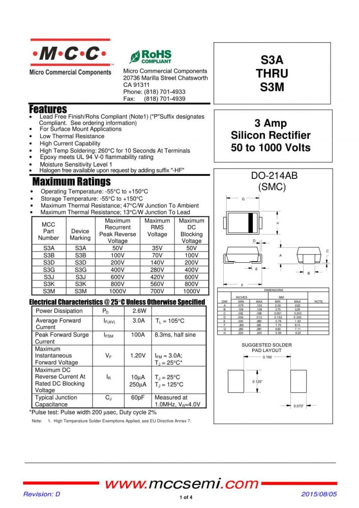 MCC S3M-TP datasheet page 1