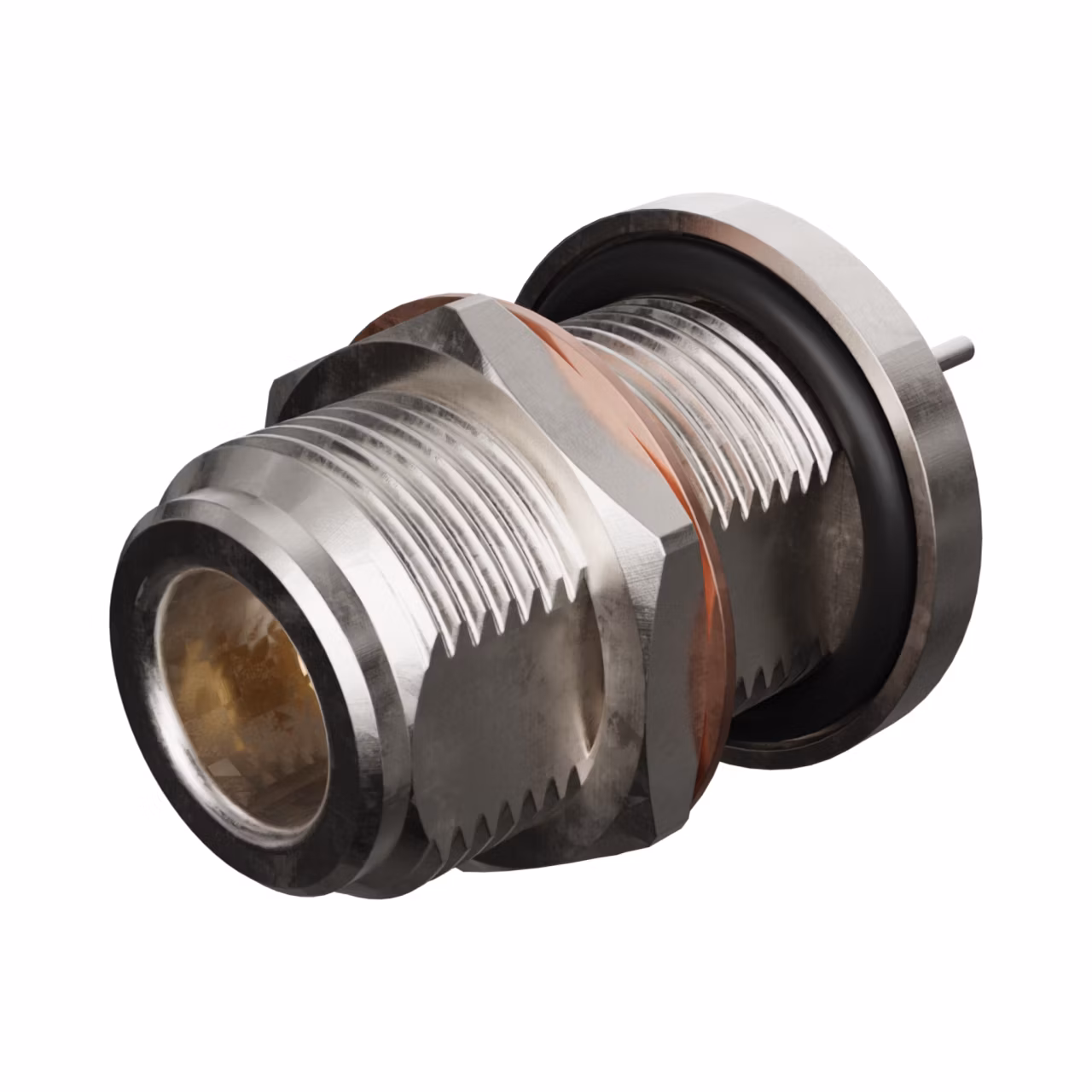 N Jack, Straight, Bulkhead Receptacle, PCB, Through Hole, Brass Body, Nickel (Ni) Plated, with Jam Nut and Lockwasher, 50 Ohms for sale
