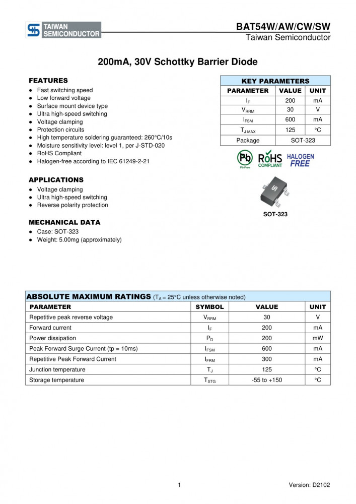 BAT54AW technical document page 1