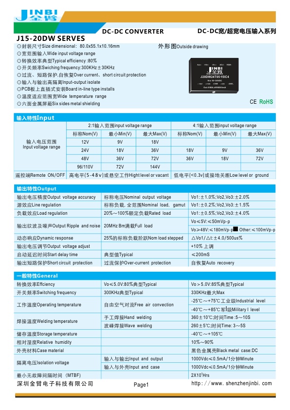 JINBI J15DW series DC-DC converter datasheet page 1
