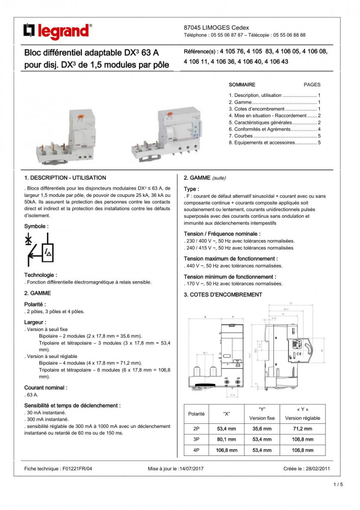Legrand DX³ residual-current block technical document, page 1