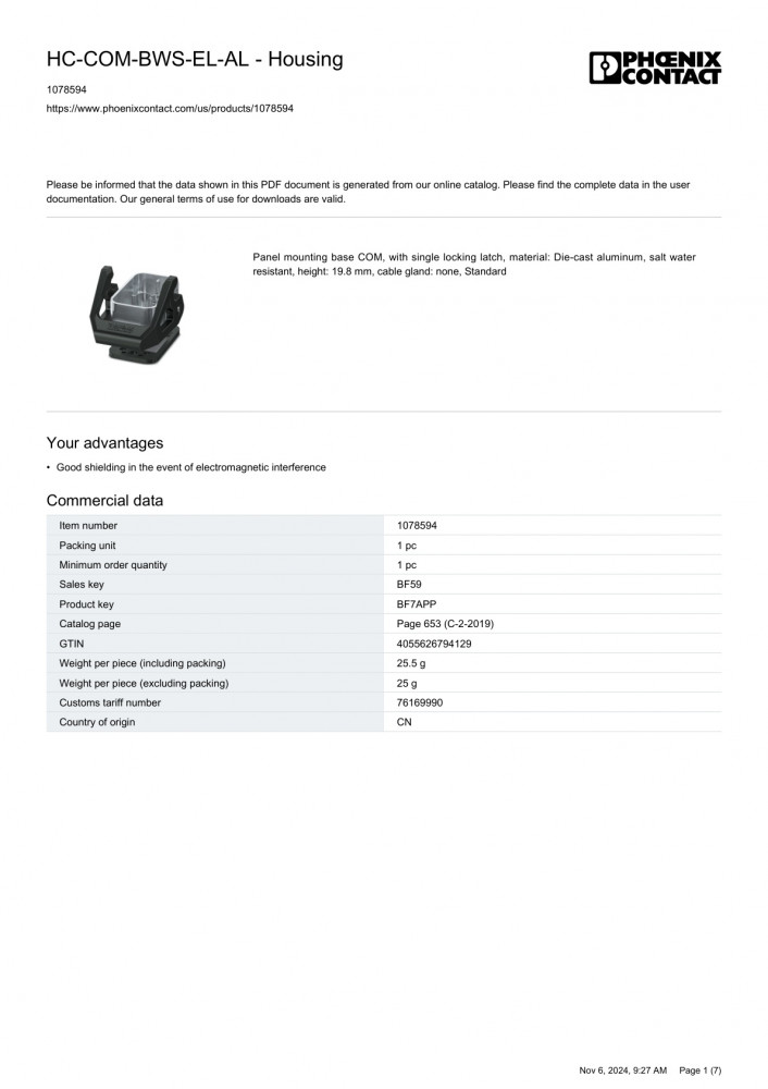 Phoenix Contact 1078594 catalog page