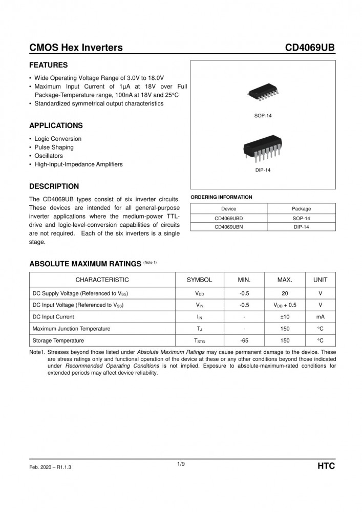 CD4069UBD datasheet page 1