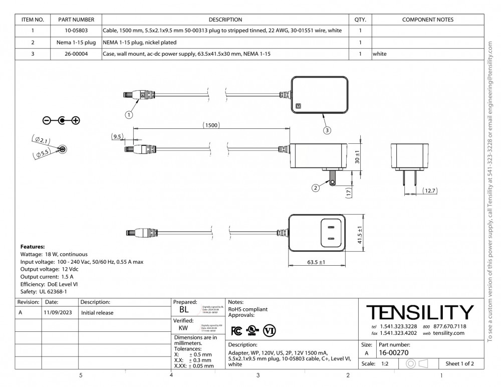 Tensility International 16-00270 product drawing, page 1