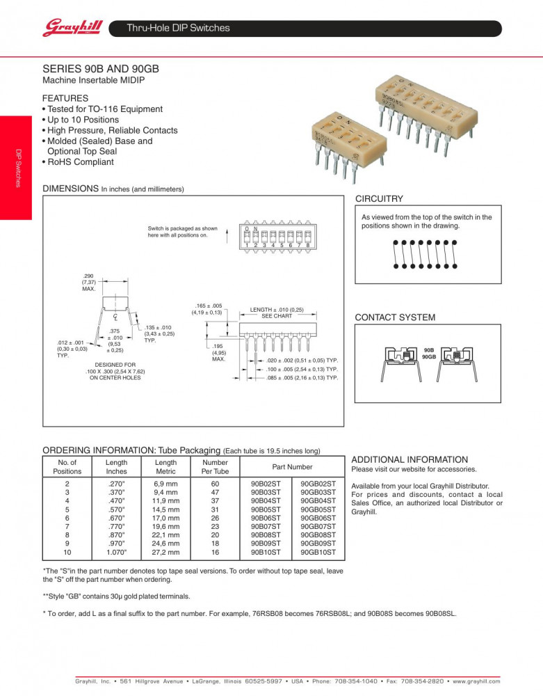 Grayhill Series 90B dimensional and ordering information