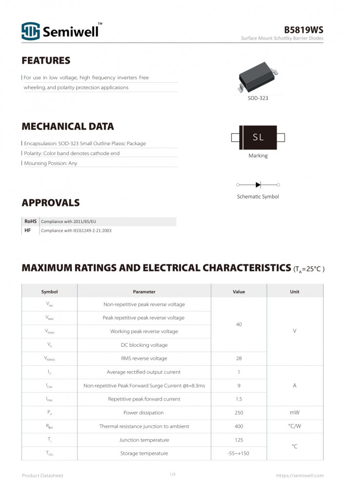 B5819WS datasheet page 1