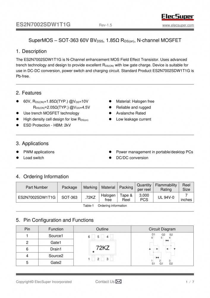 ES2N7002SDW1T1G datasheet page 1