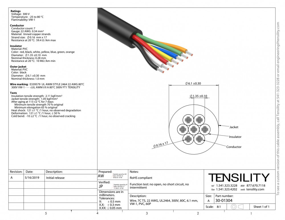 Tensility International 30-01304 cable product drawing