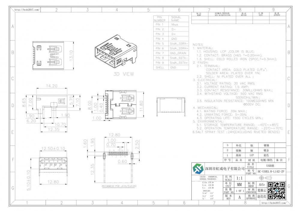 HC-USB3.0-L142-ZP manufacturer drawing