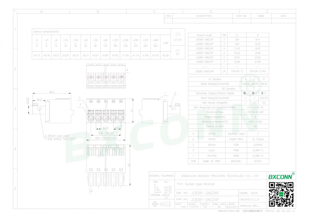 BXCONN JCB381-DNGCxP socket-type terminal technical drawing preview