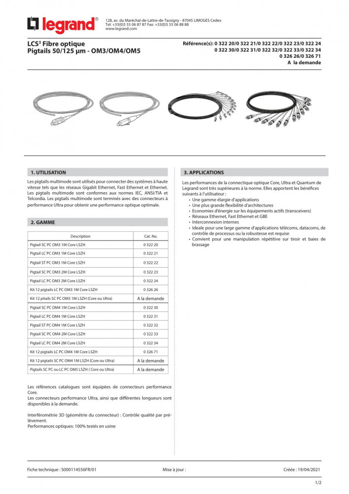 Legrand multimode fiber pigtail technical document, page 1