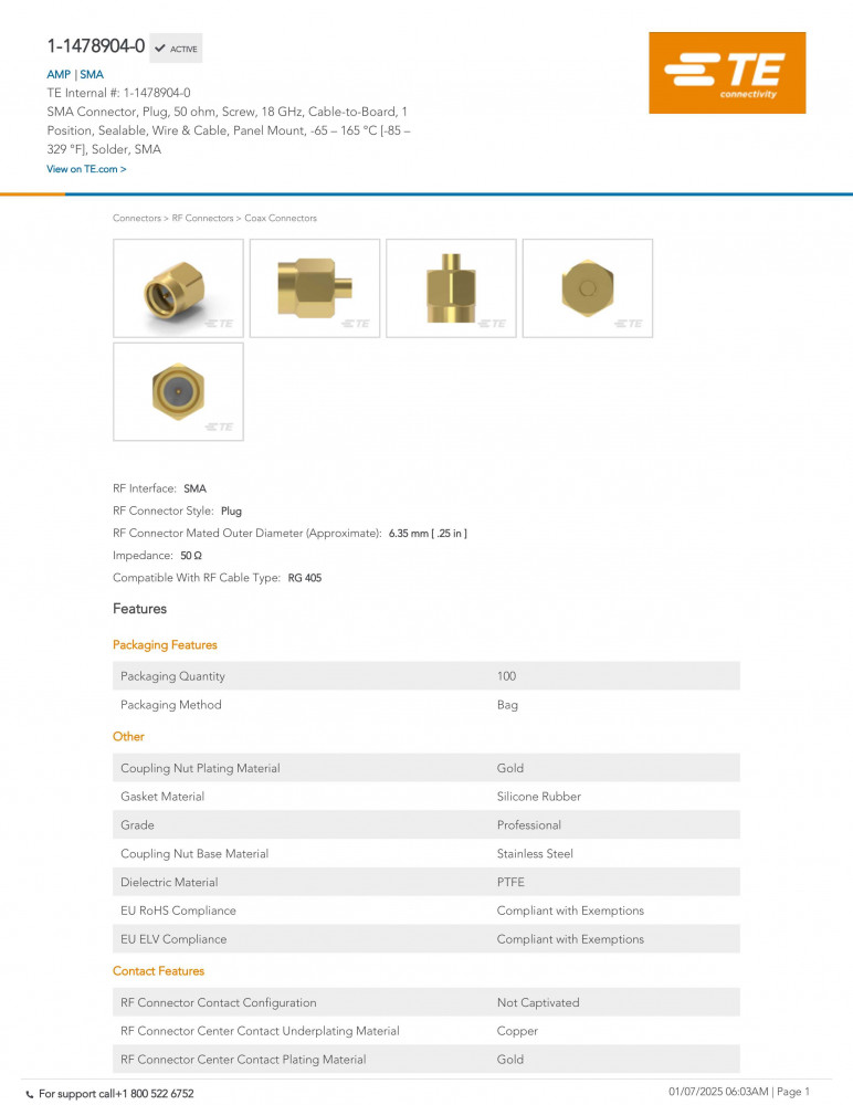 TE Connectivity 1-1478904-0 document page 1