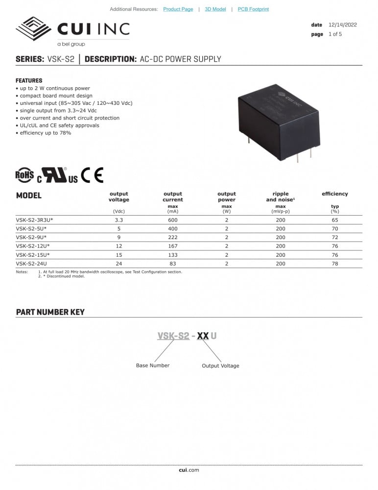CUI VSK-S2 series datasheet page 1
