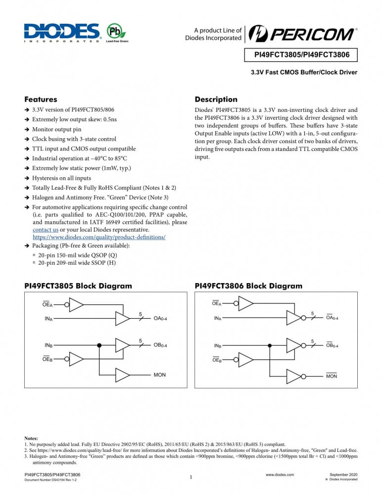 PI49FCT3805CQE datasheet page 1