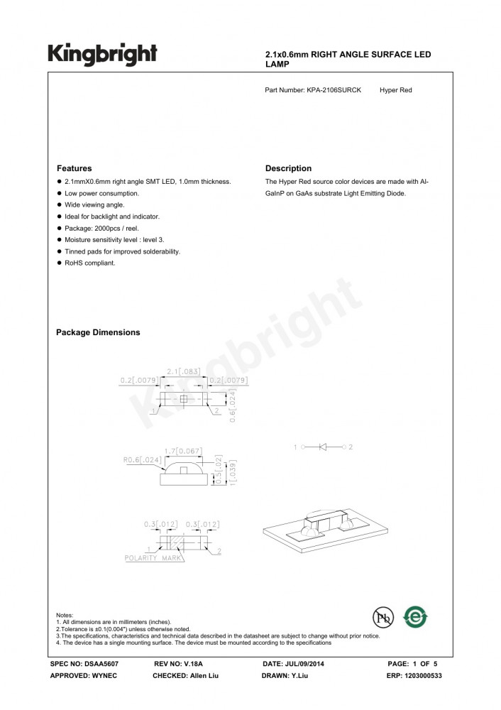 KPA-2106SURCK datasheet page 1