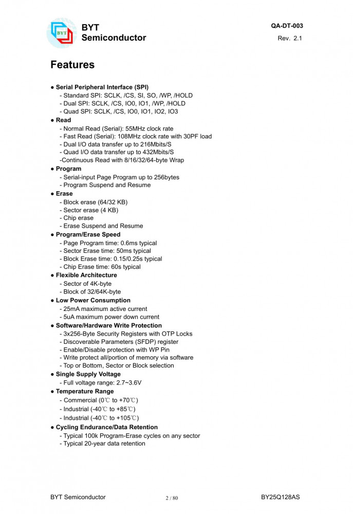 BY25Q128AS datasheet page 2