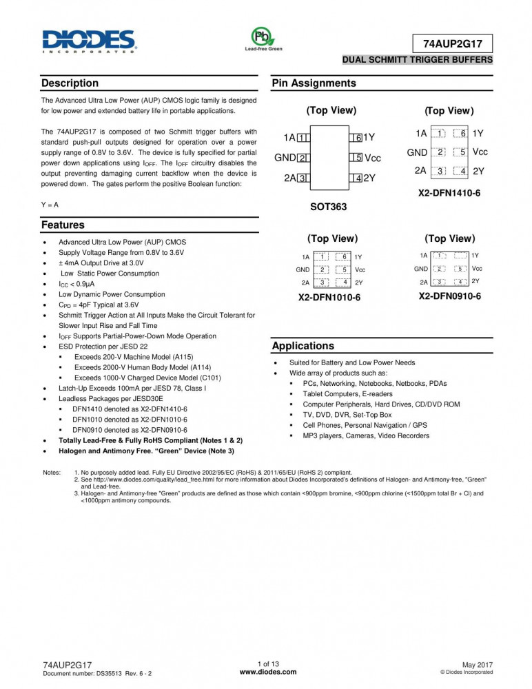 74AUP2G17FW3-7 datasheet page 1