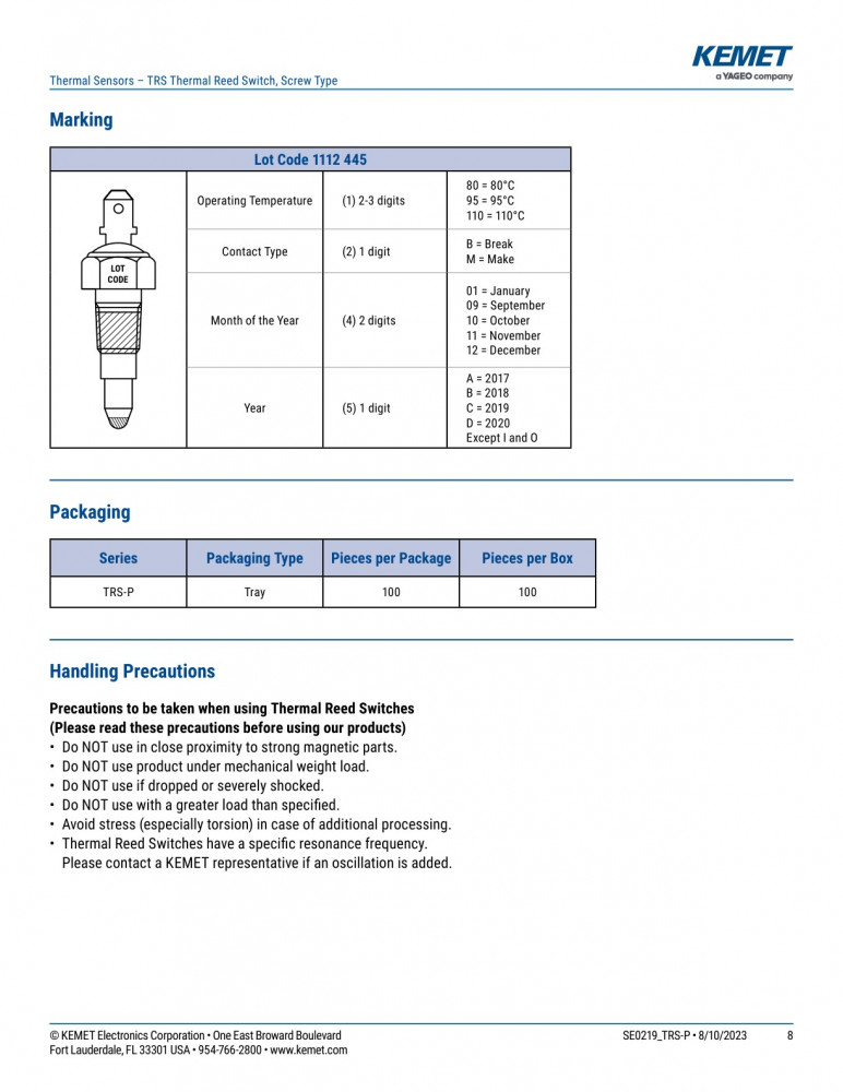KEMET TRS thermal reed switch datasheet page 8