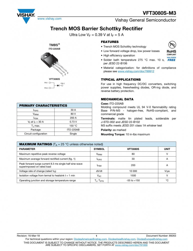 VFT3080S-M3/4W technical document, page 1
