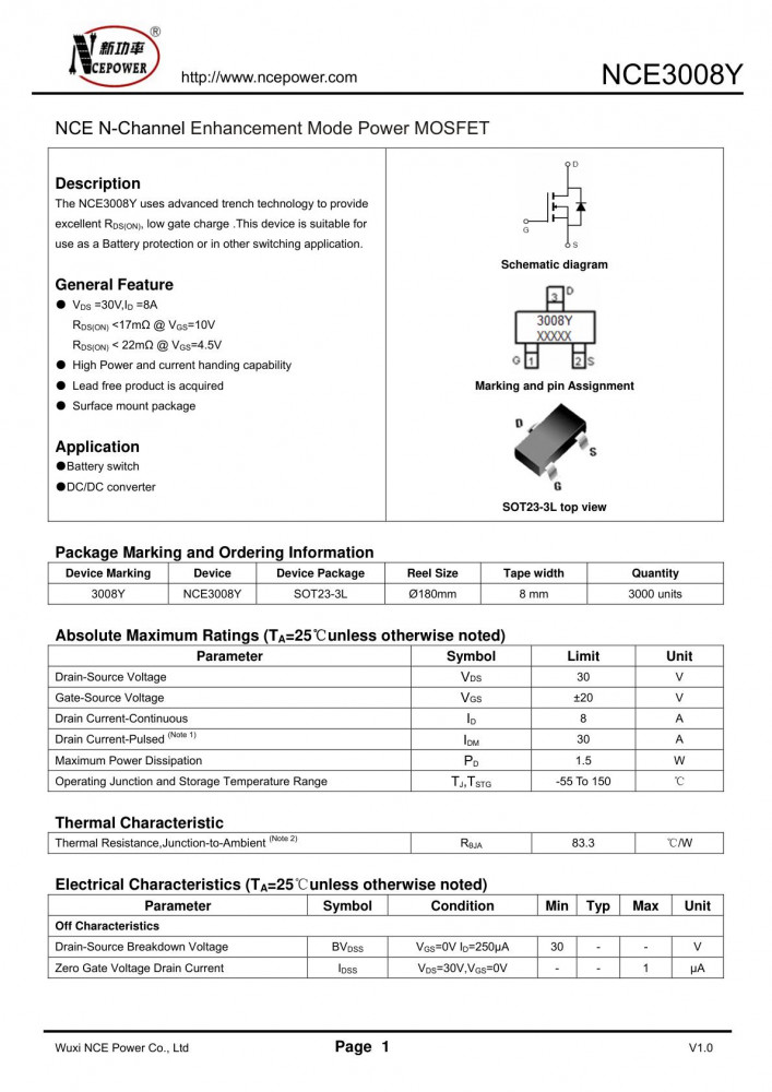 NCE3008Y datasheet page 1
