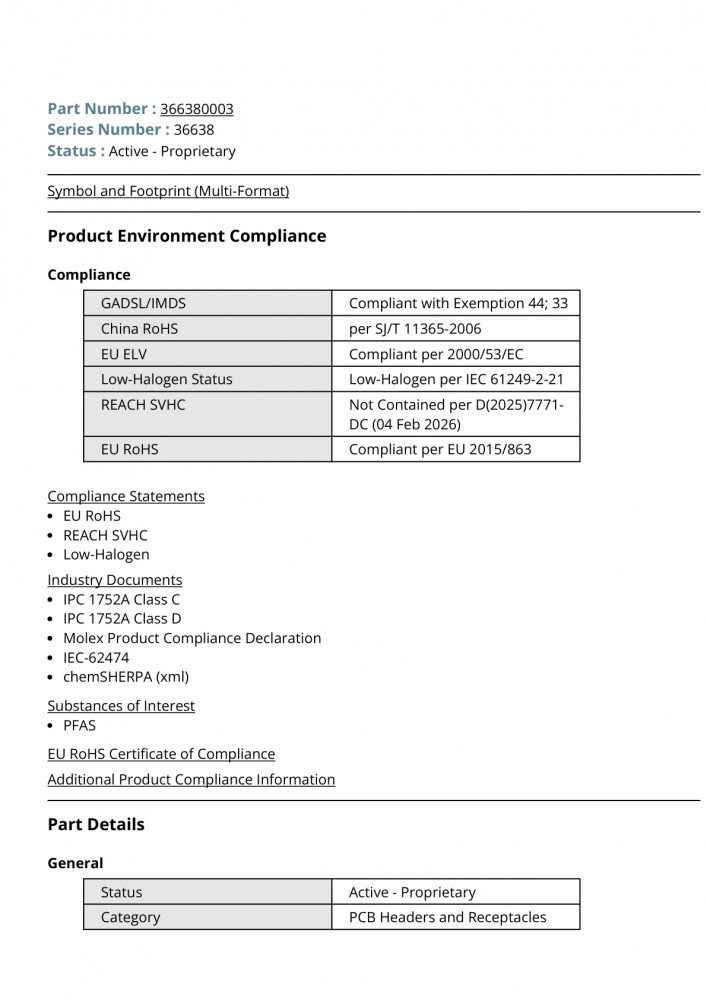 Technical document page 1 for MOLEX 366380003