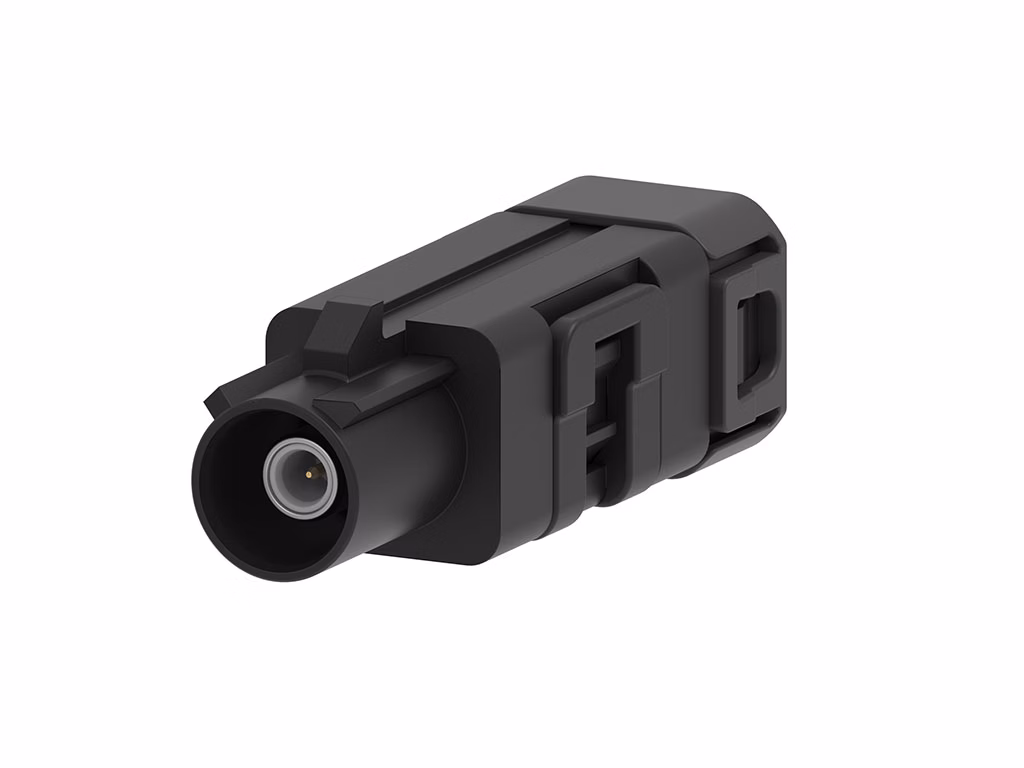 FAKRA Jack, Dual, Right-Angle, PCB Receptacle, Through Hole, Die Cast Body, Tin (Sn) Plated, Keying Code Z, Water Blue, 50 Ohms