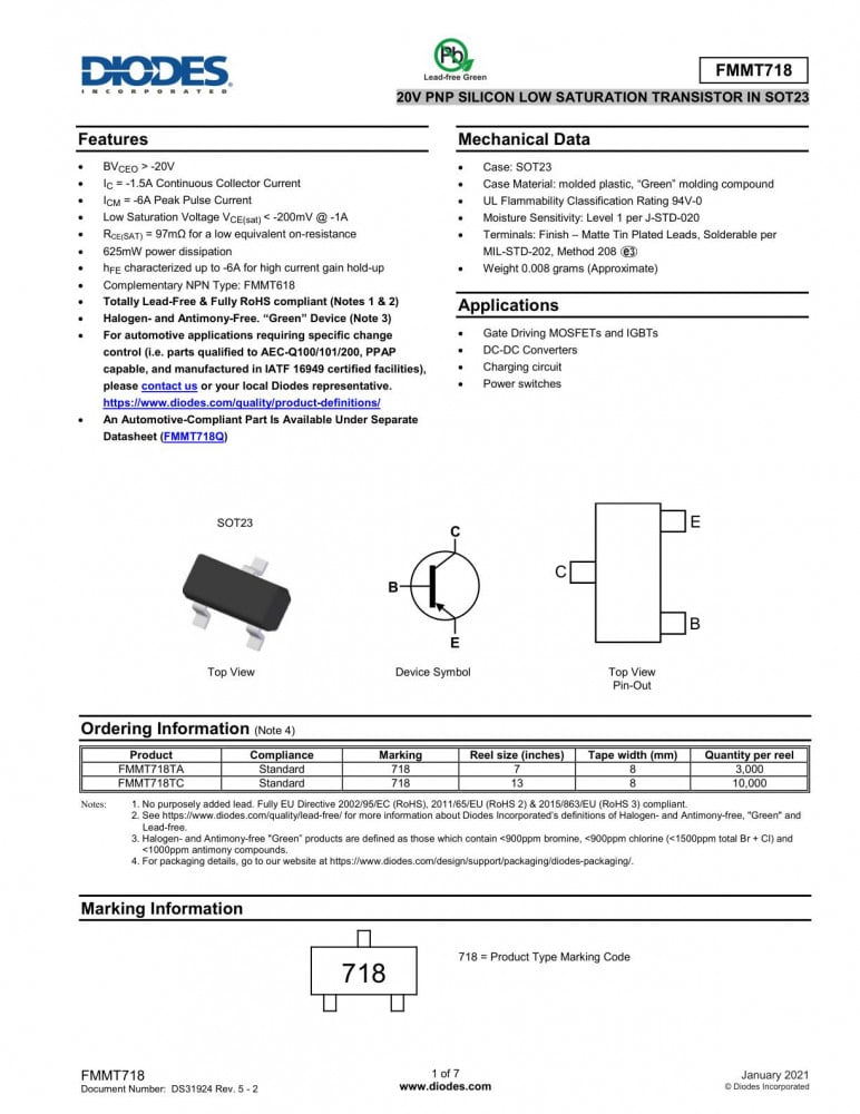 FMMT718TA datasheet page 1