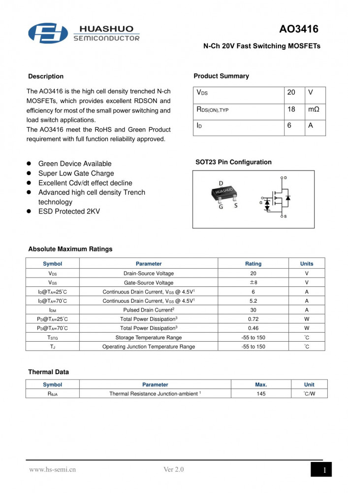AO3416 technical document page 1