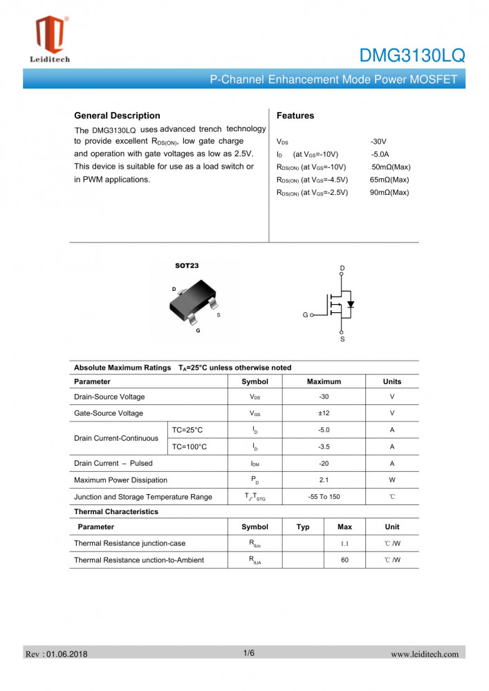 DMG3130LQ datasheet page 1