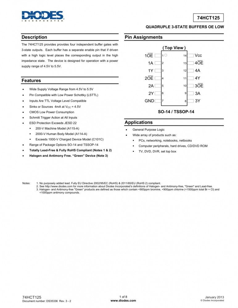 74HCT125S14-13 datasheet page 1
